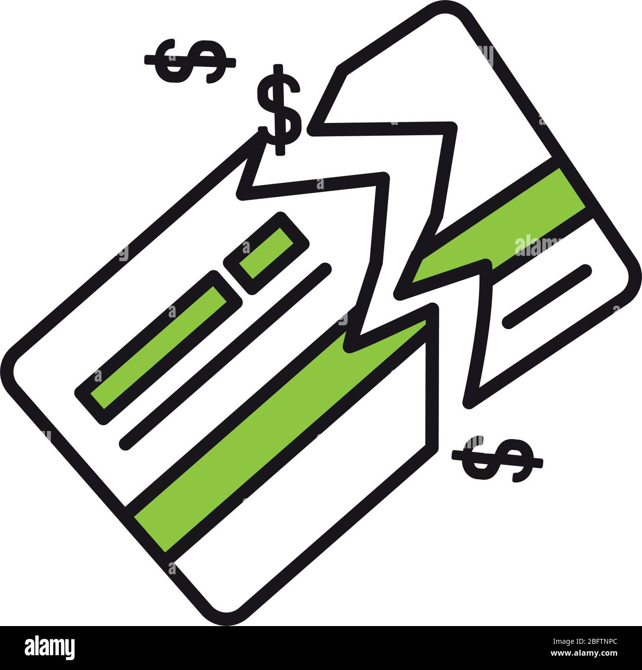 broken credit card icon over white background, half color half line ...