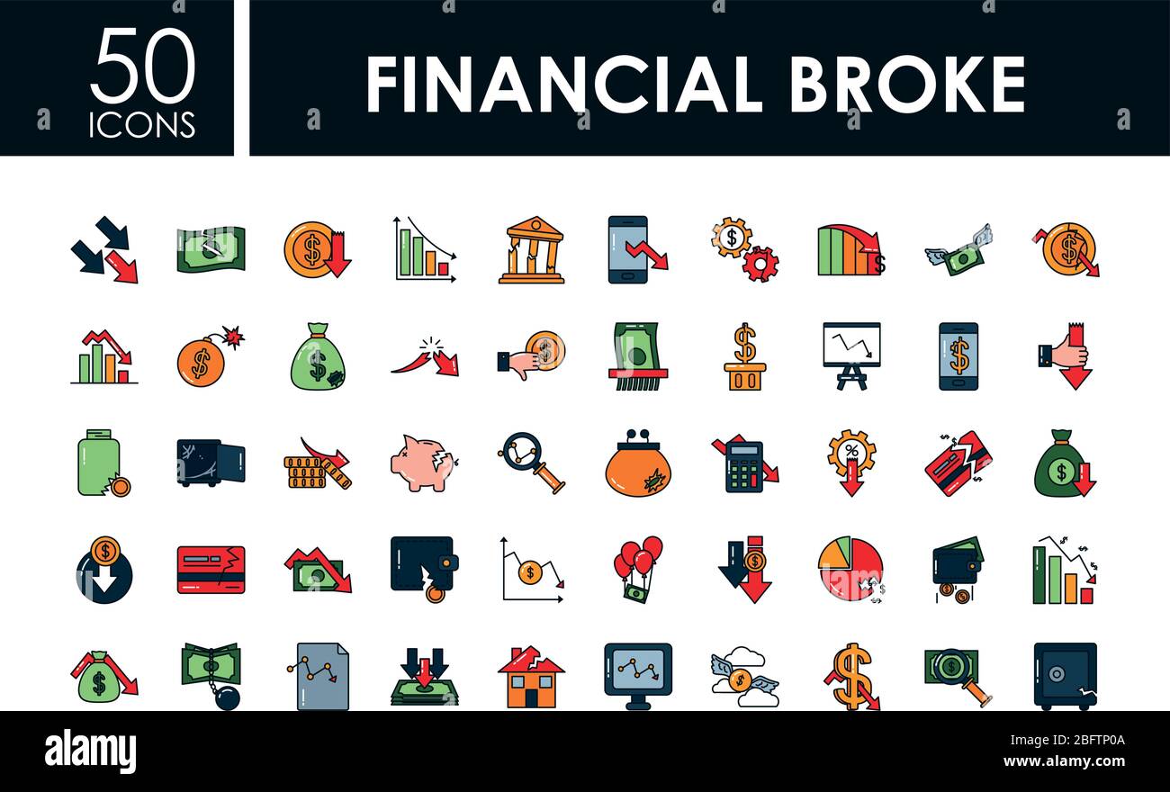 financial broke icon set over white background, line and fill style ...