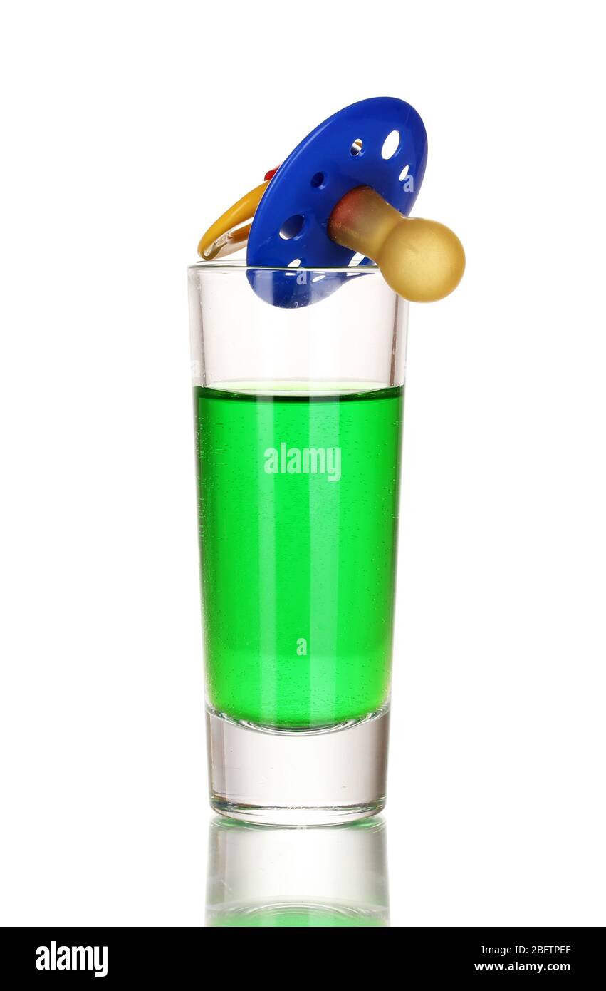 Baby dummy with alcoholic beverage isolated on white Stock Photo - Alamy