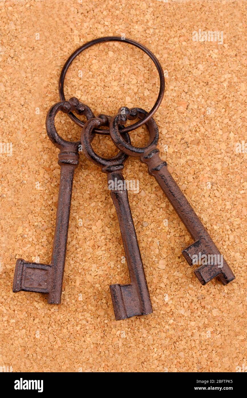 a bunch of antique keys on cork background Stock Photo - Alamy