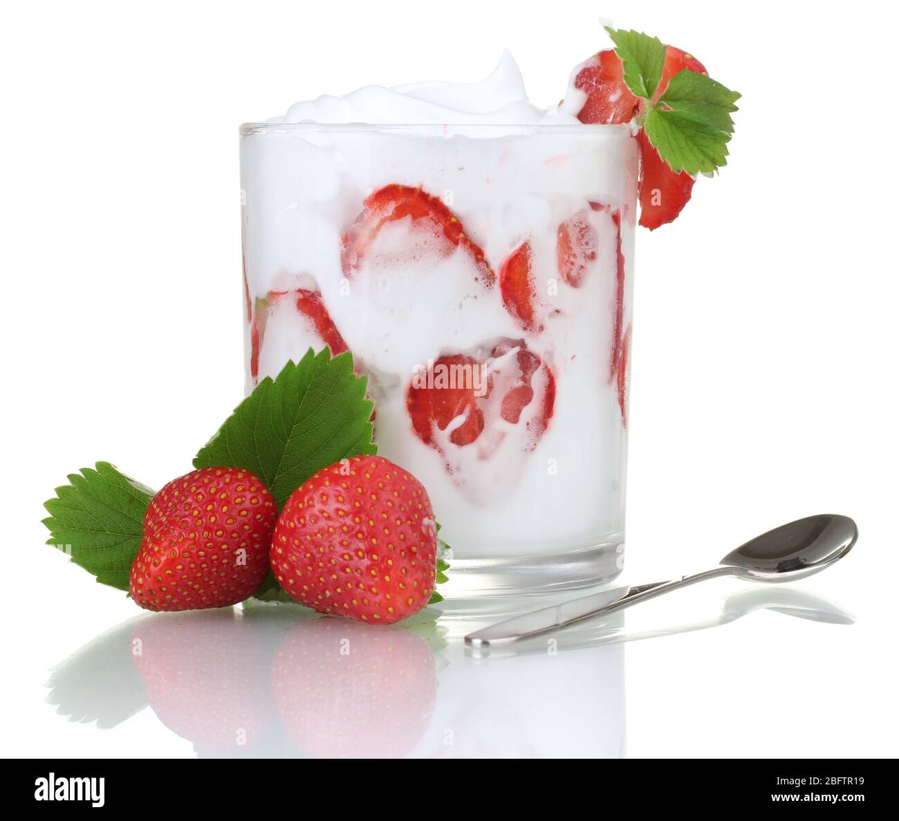 tasty yogurt in glass and strawberries isolated on white Stock Photo ...