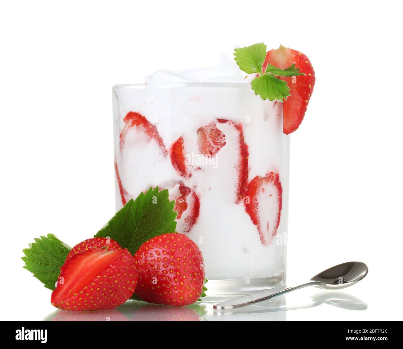 tasty yogurt in glass and strawberries isolated on white Stock Photo ...