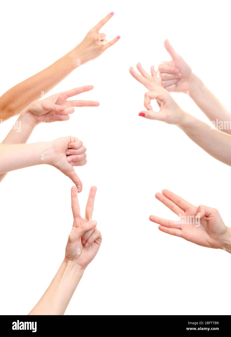 set of young people's hands isolated on white Stock Photo - Alamy