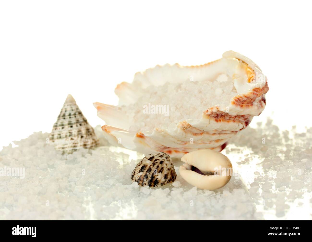 Sea Salt with shells isolated on white close-up Stock Photo - Alamy