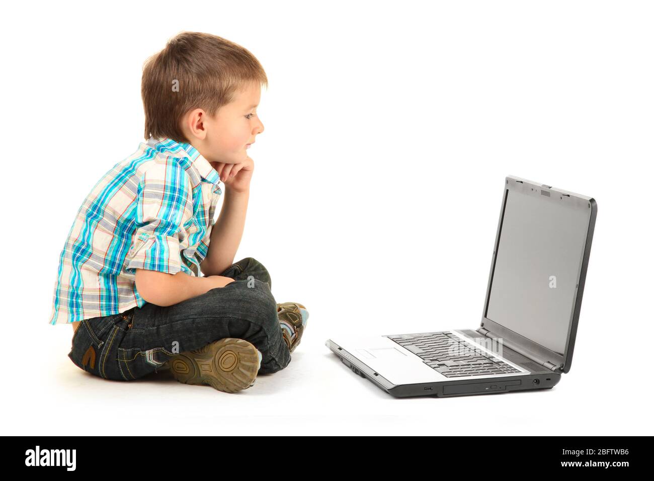 funny little boy with notebook isolated on white Stock Photo - Alamy