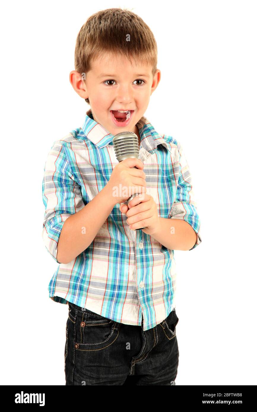 funny little boy with microphone, isolated on white Stock Photo - Alamy