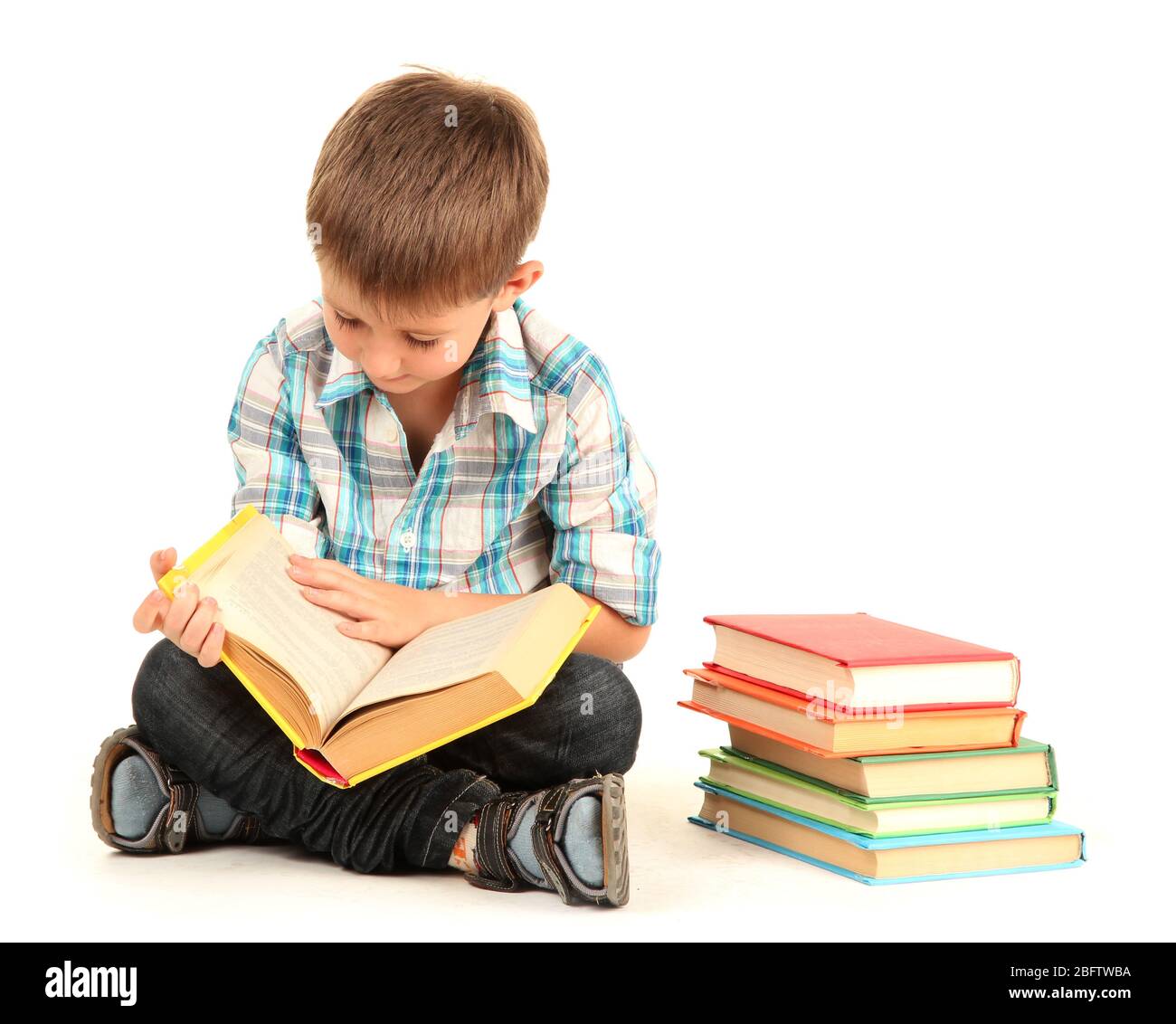 funny little boy with books isolated on white Stock Photo - Alamy