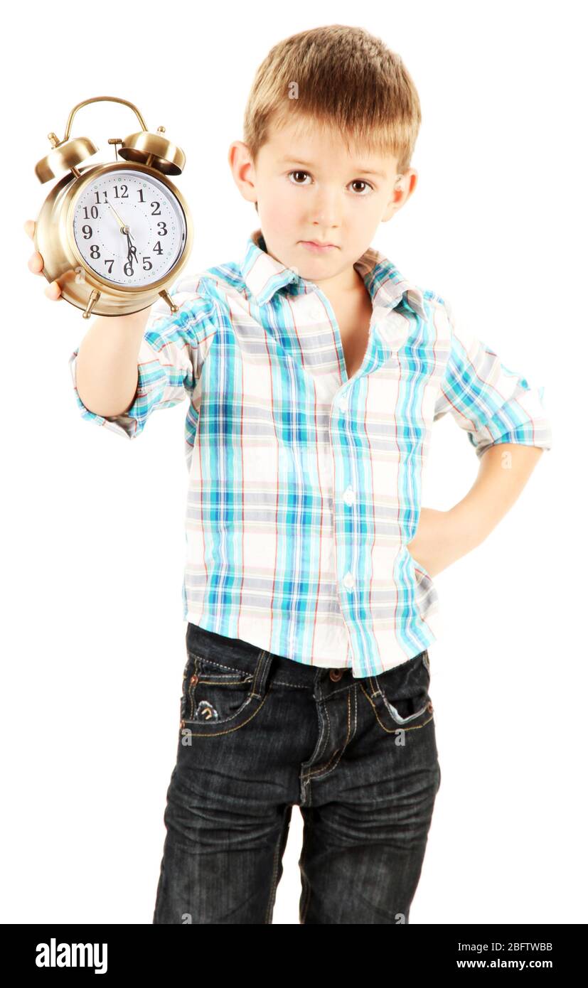 funny little boy with alarm clock isolated on white Stock Photo - Alamy