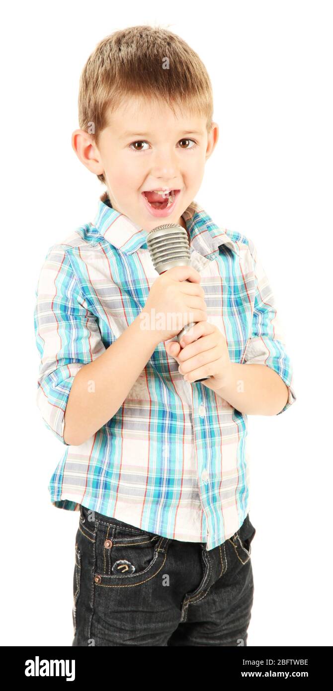 funny little boy with microphone, isolated on white Stock Photo - Alamy