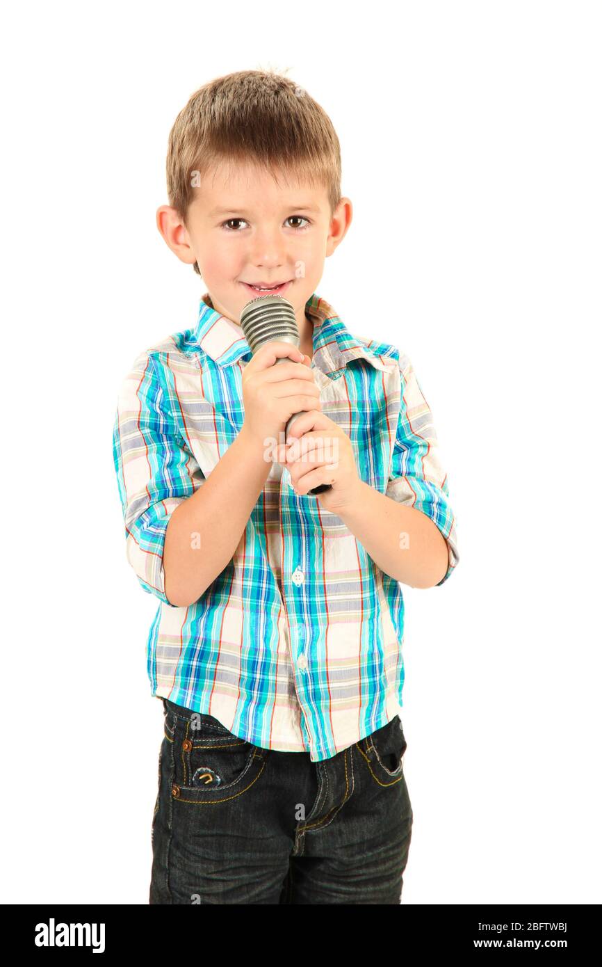 funny little boy with microphone, isolated on white Stock Photo - Alamy