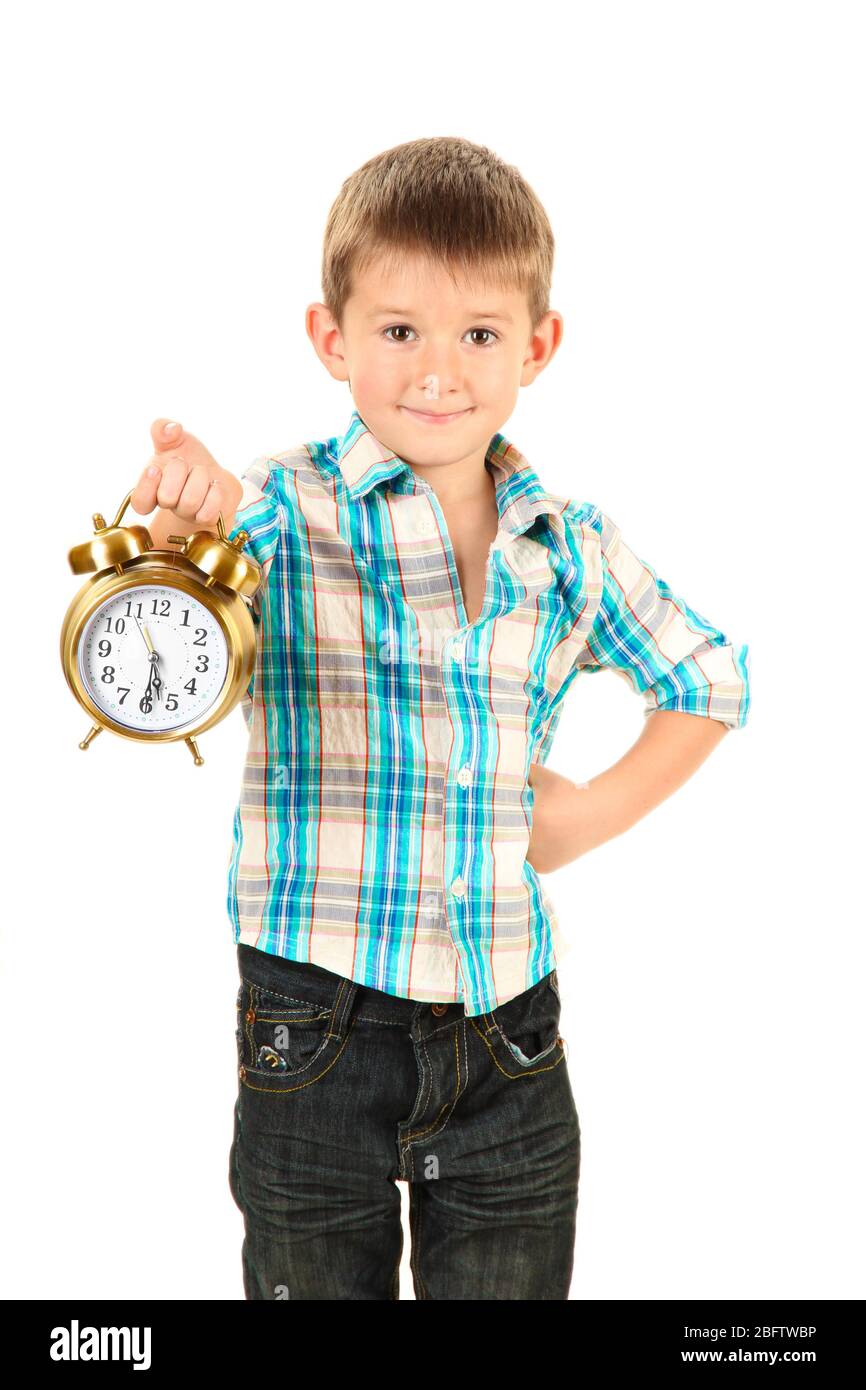 funny little boy with alarm clock isolated on white Stock Photo - Alamy