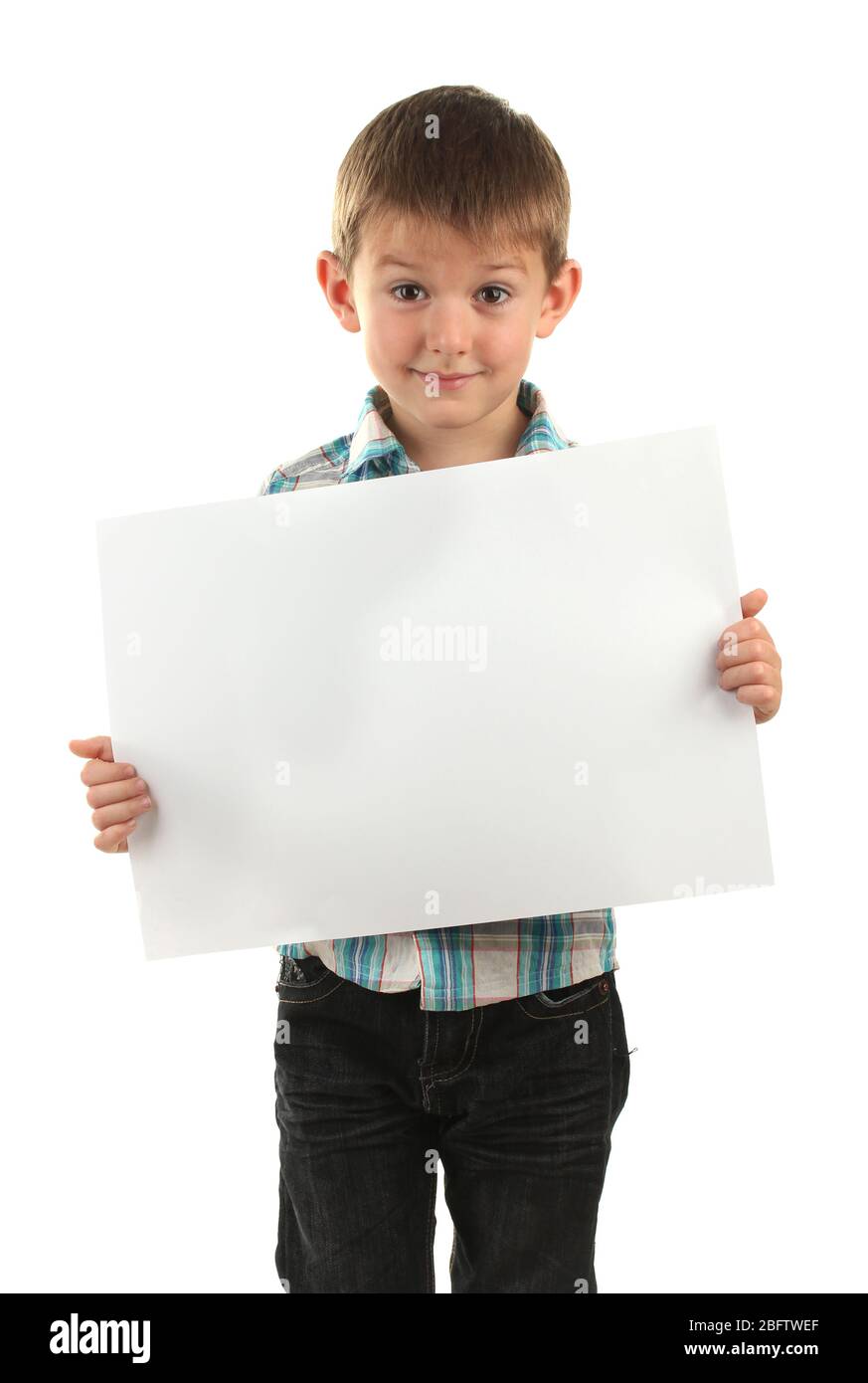 portrait of happy little boy with sheet of paper isolated on white ...