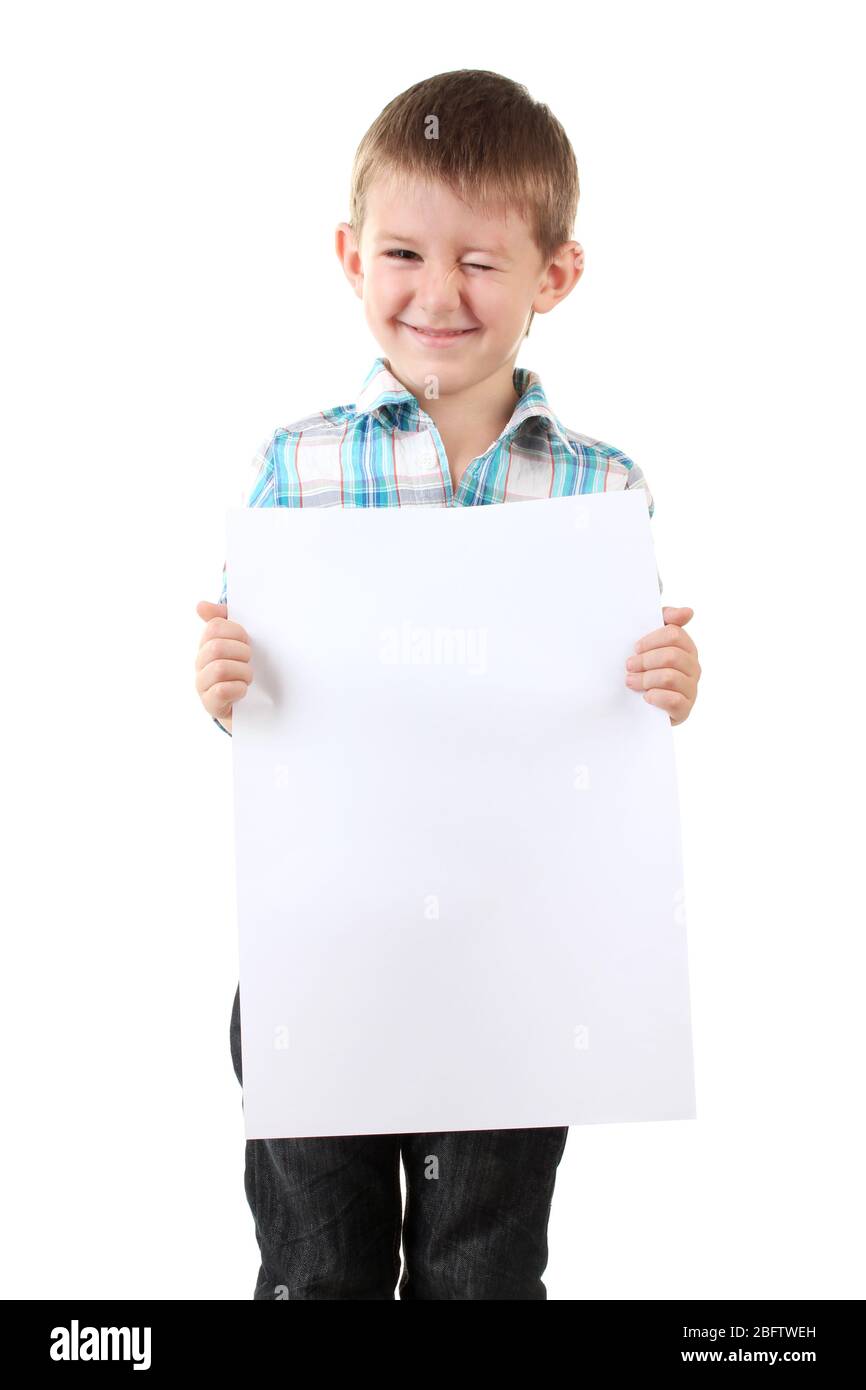 portrait of happy little boy with sheet of paper isolated on white ...