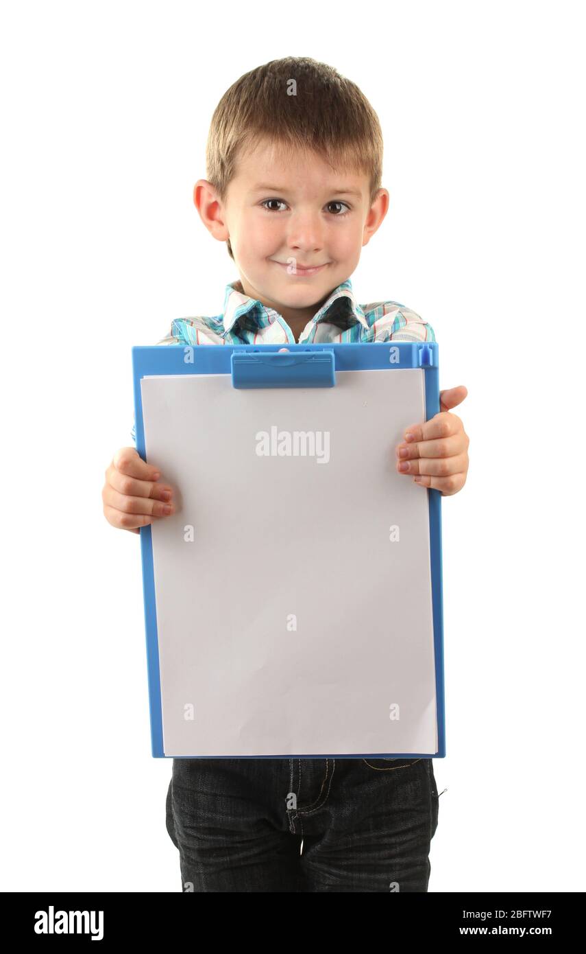 portrait of happy little boy with clipboard isolated on white Stock ...