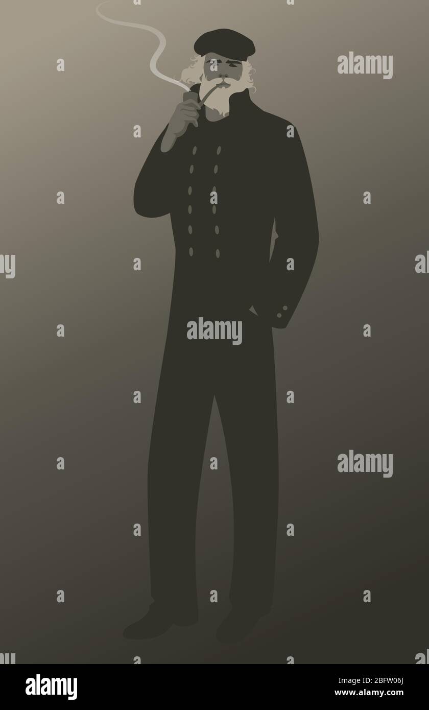 Old Salt. Man wearing cap and navy clothes, smoking a pipe, isolated on ...