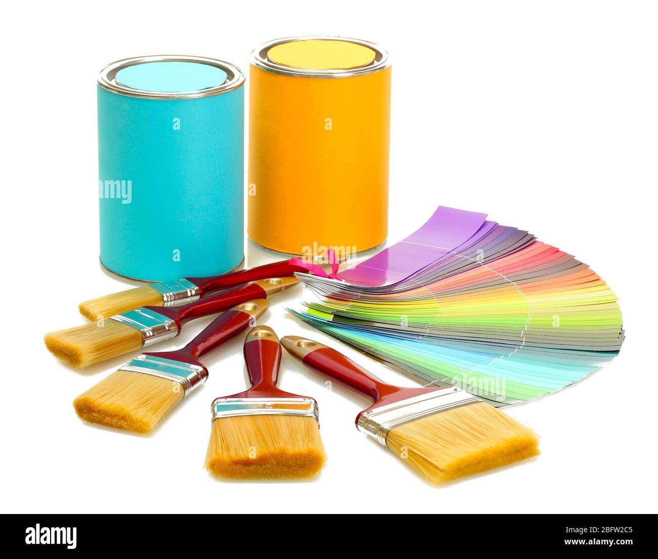 tin cans with paint, brushes and bright palette of colors isolated on ...