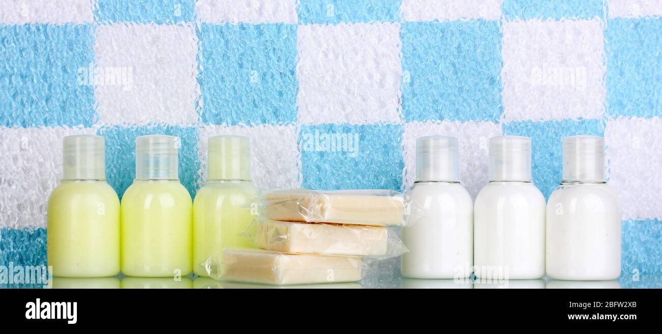 Hotel amenities kit on shelf in bathroom Stock Photo - Alamy