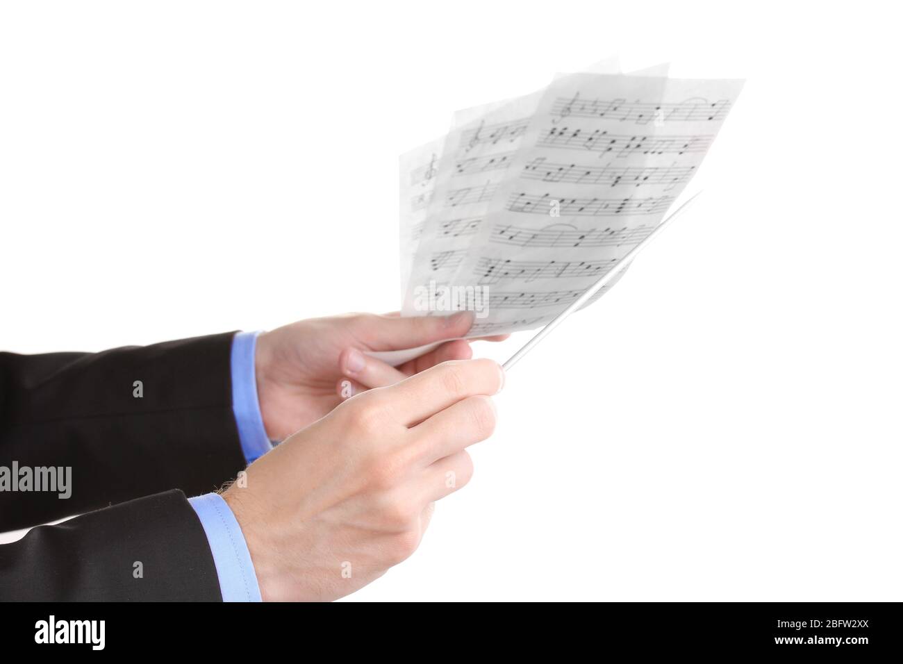 Music conductor hands with baton and notes isolated on white Stock ...
