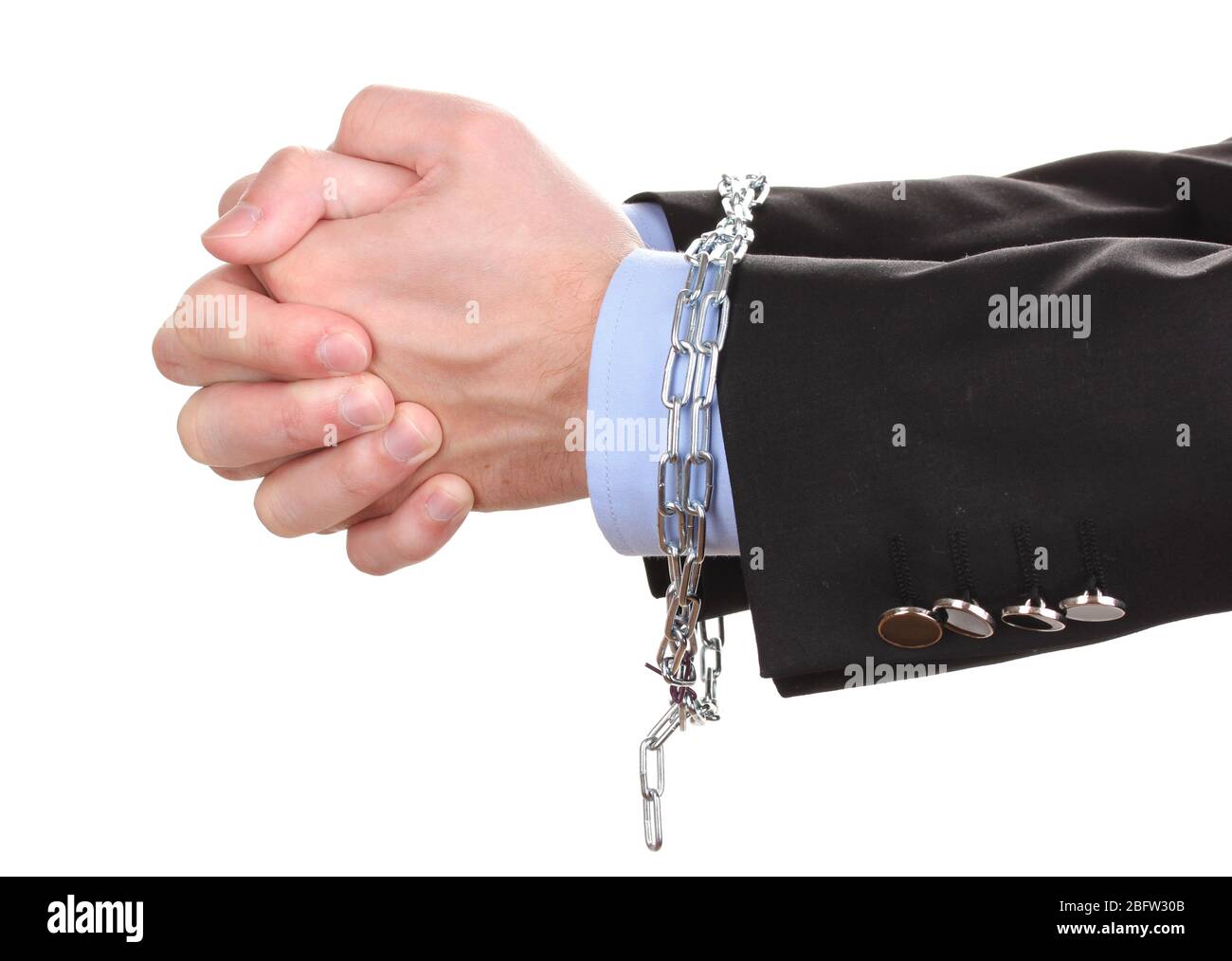 Businessman hands fettered with chain isolated on white Stock Photo - Alamy