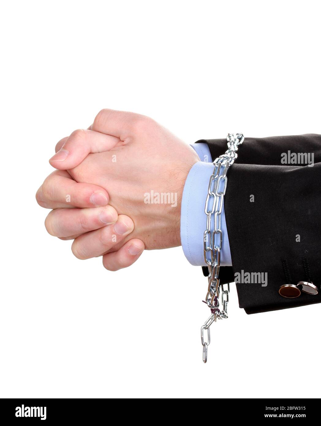 Businessman hands fettered with chain isolated on white Stock Photo - Alamy