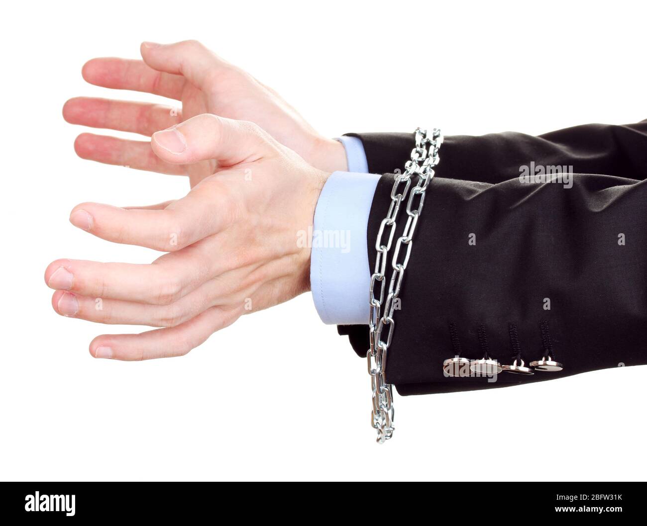 Businessman hands fettered with chain isolated on white Stock Photo - Alamy