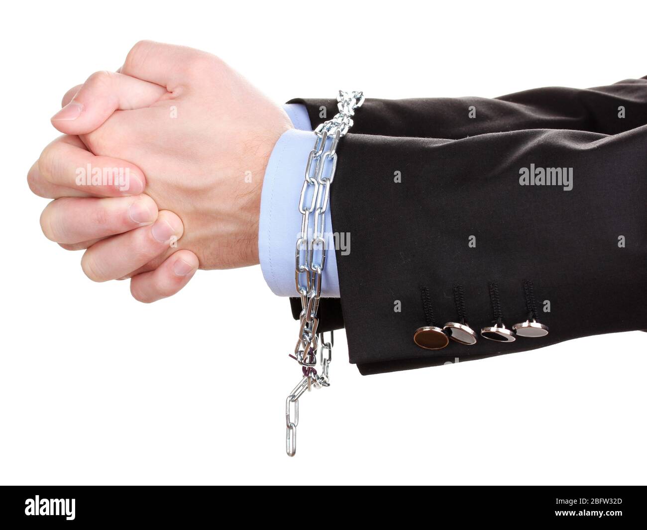 Businessman hands fettered with chain isolated on white Stock Photo - Alamy