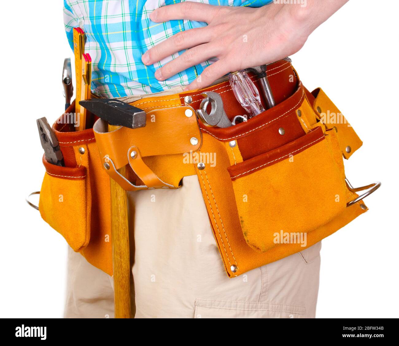 Tools on belt isolated on white Stock Photo - Alamy