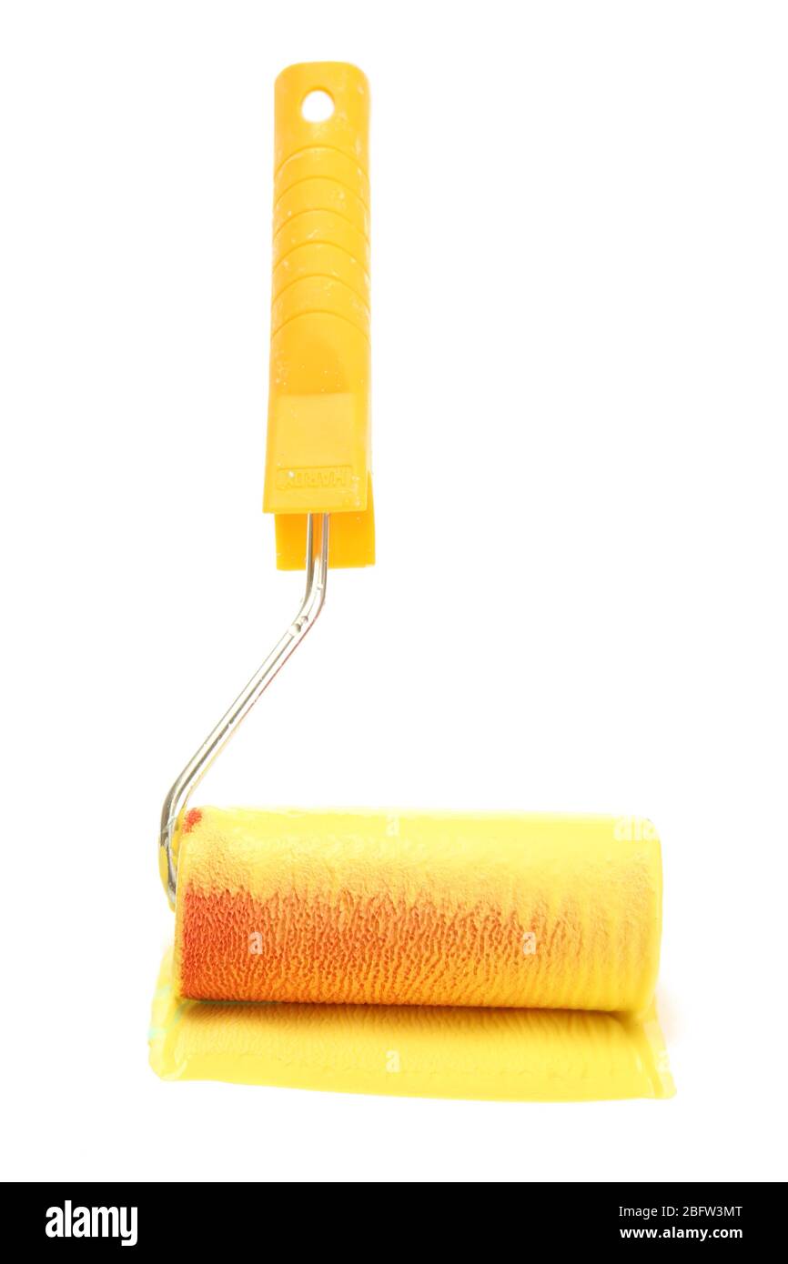 Paint roller with yellow paint isolated on white Stock Photo - Alamy
