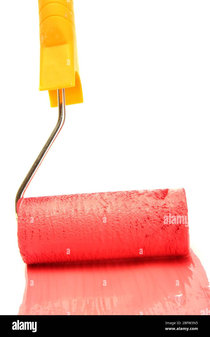 Paint roller with red paint isolated on white Stock Photo - Alamy