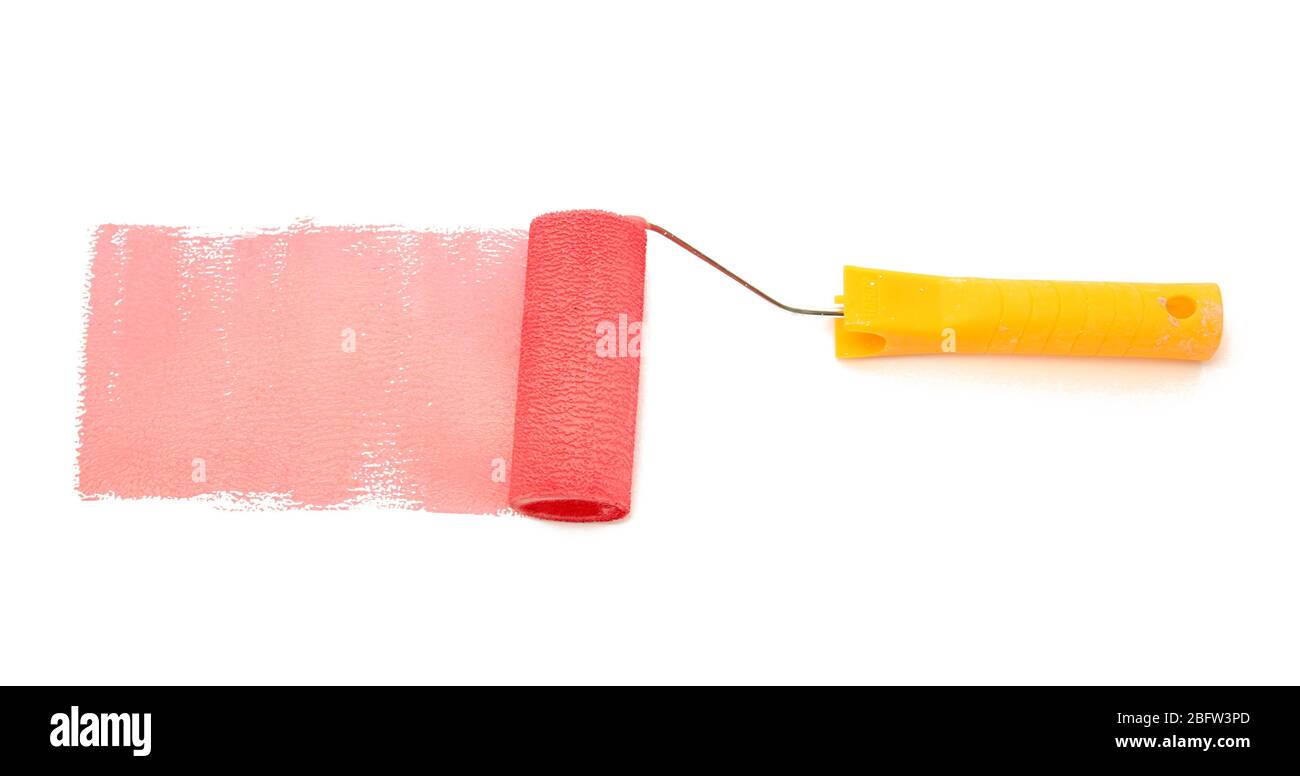 Paint roller with red paint isolated on white Stock Photo - Alamy
