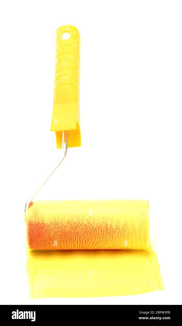 Paint roller with yellow paint isolated on white Stock Photo - Alamy