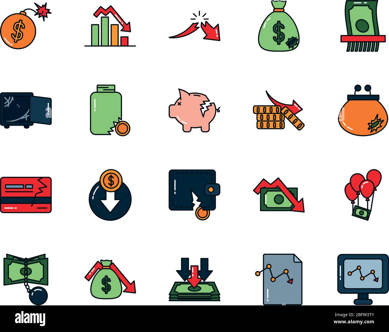 financial arrows and financial broke icon set over white background ...