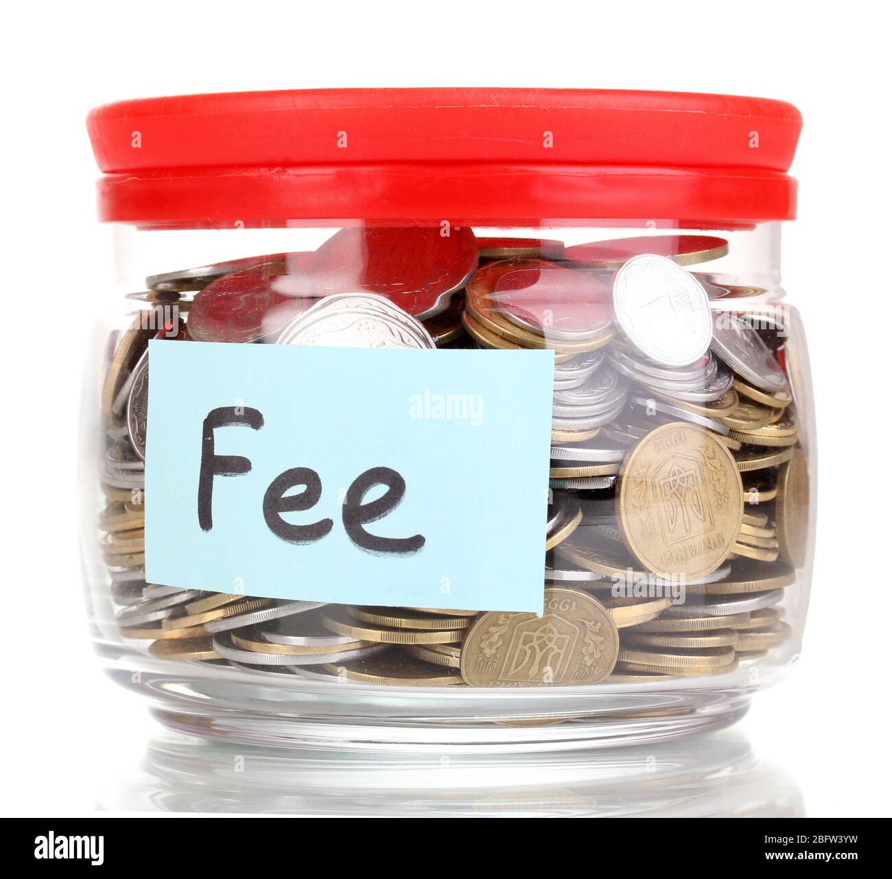 Glass bank for tips with money isolated on white Stock Photo - Alamy