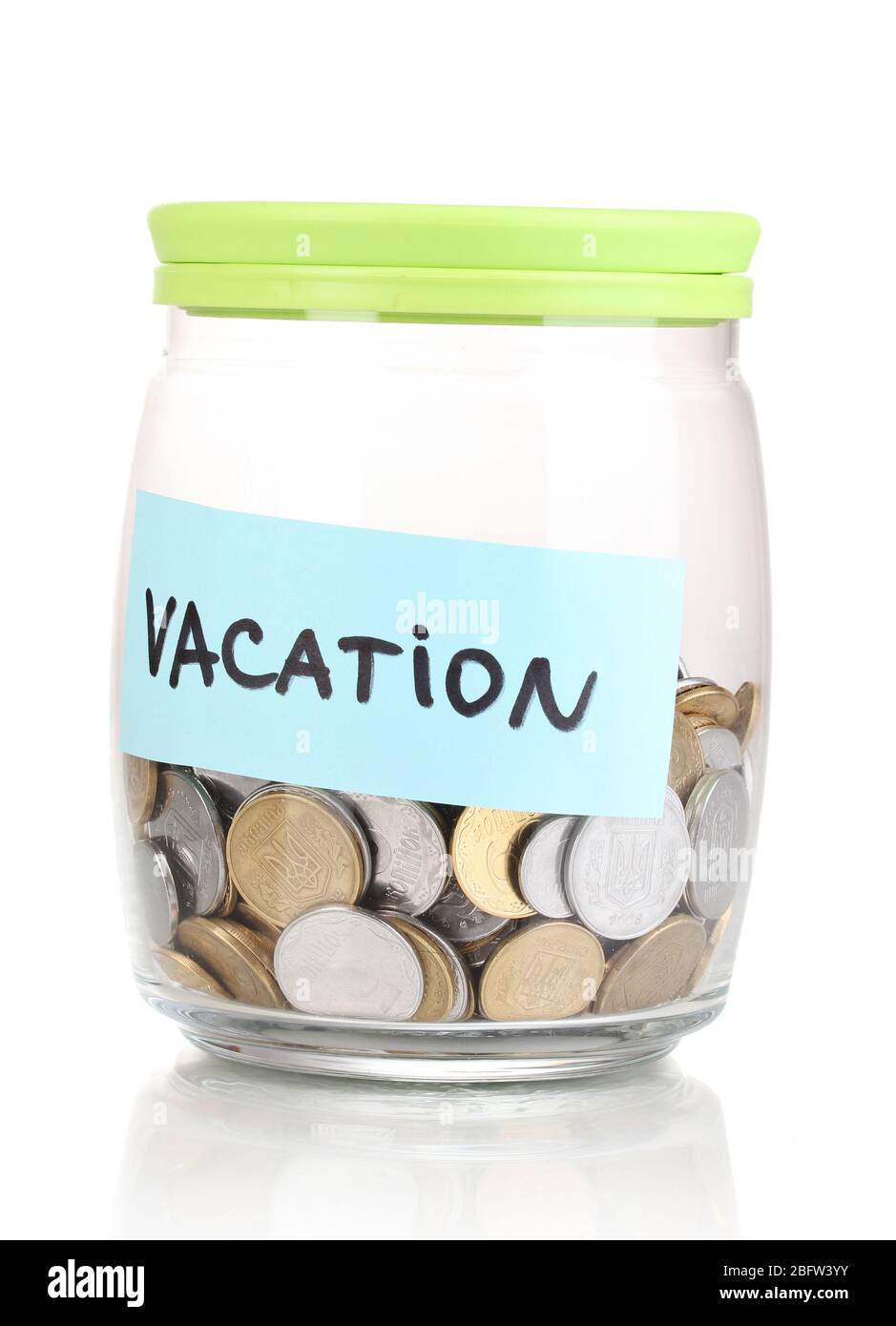 Glass bank for tips with money isolated on white Stock Photo - Alamy