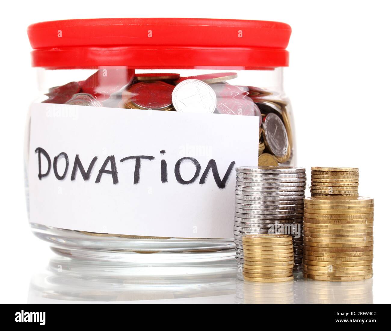 Glass bank for tips with money isolated on white Stock Photo - Alamy