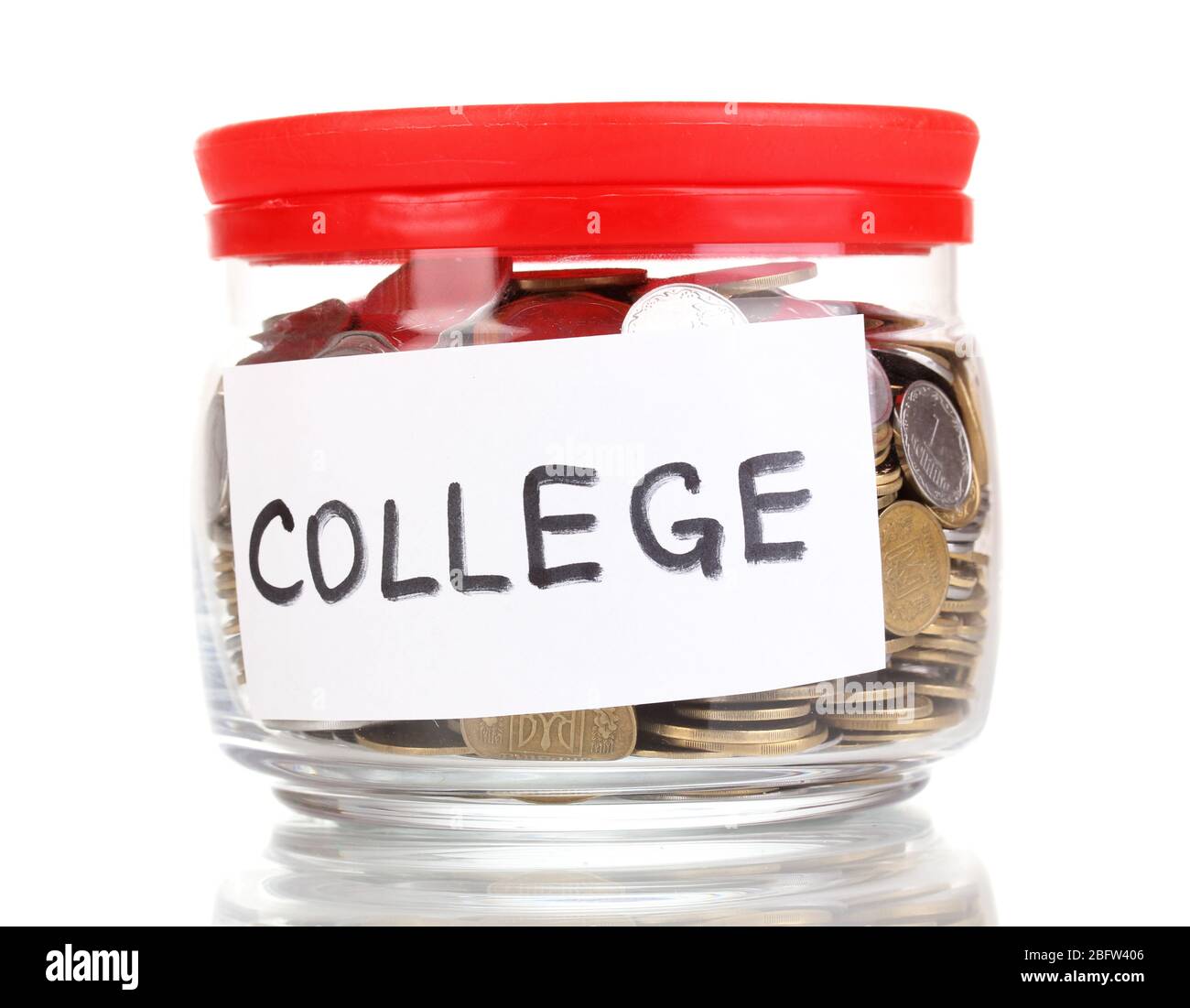 Glass bank for tips with money isolated on white Stock Photo - Alamy