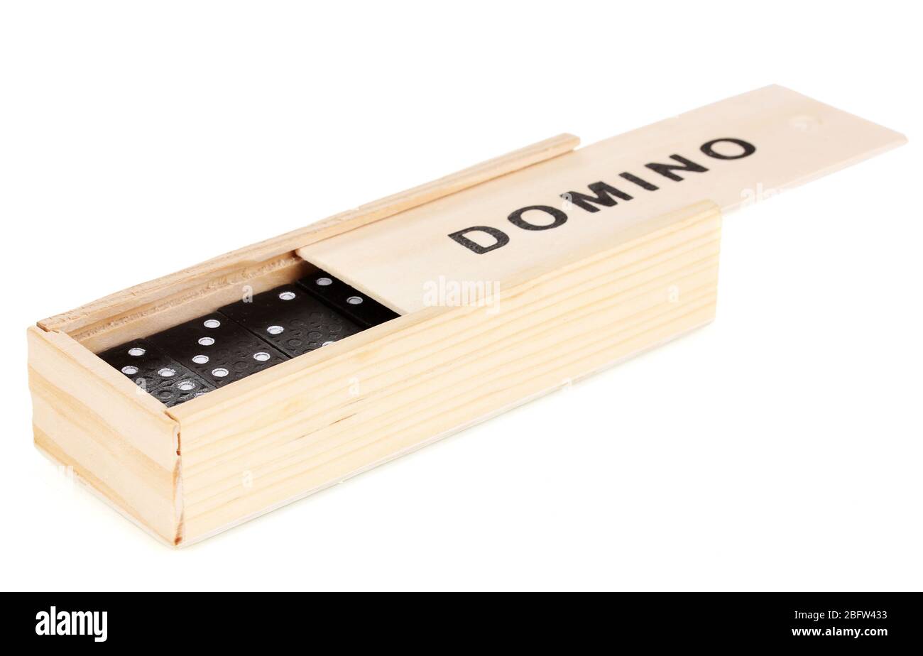 Wooden box with domino isolated on white Stock Photo - Alamy