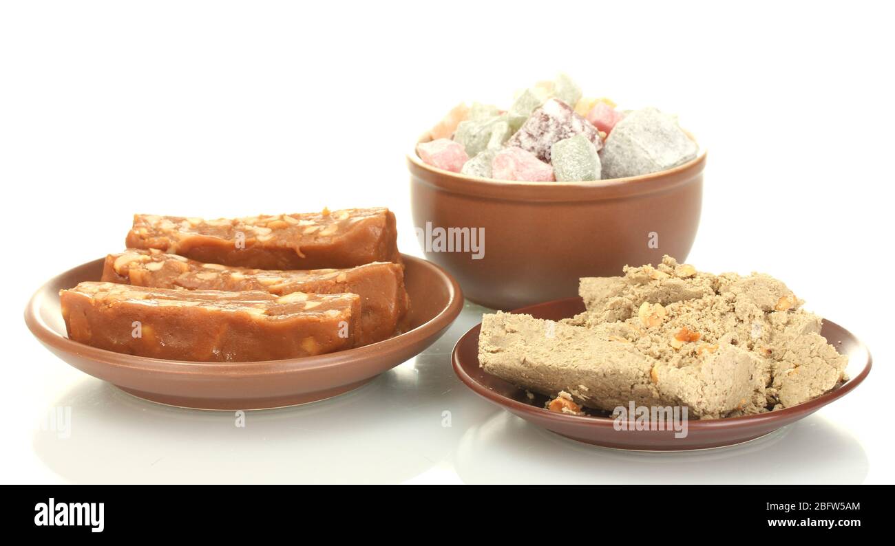East sweets - halva, sherbet and Turkish delight isolated on white ...