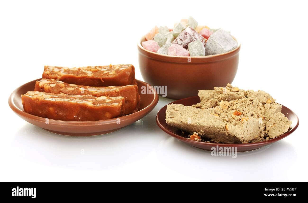 East sweets - halva, sherbet and Turkish delight isolated on white ...