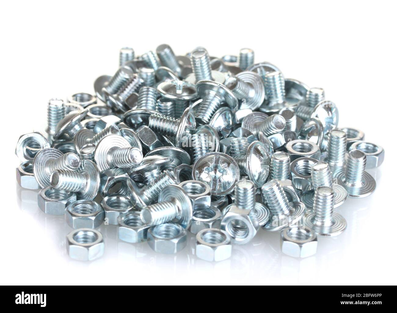 Chrome nuts and bolts on white background close-up Stock Photo - Alamy