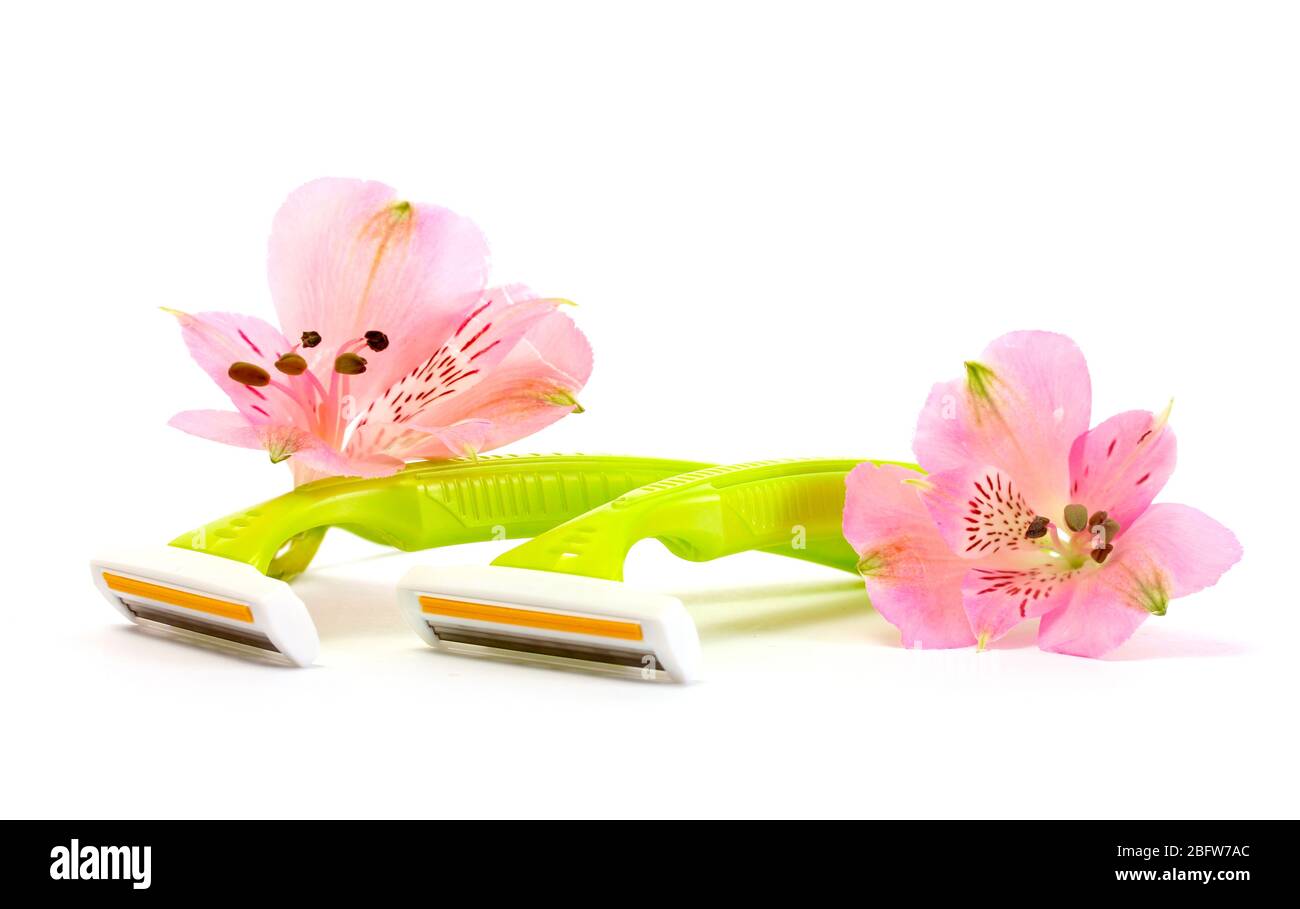 woman safety shavers and flowers isolated on white Stock Photo - Alamy