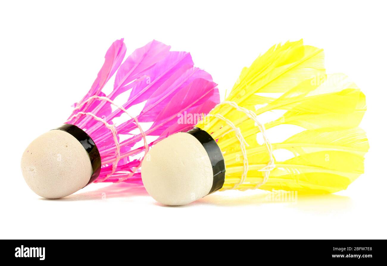 yellow and pink feather shuttlecocks isolated on white Stock Photo - Alamy
