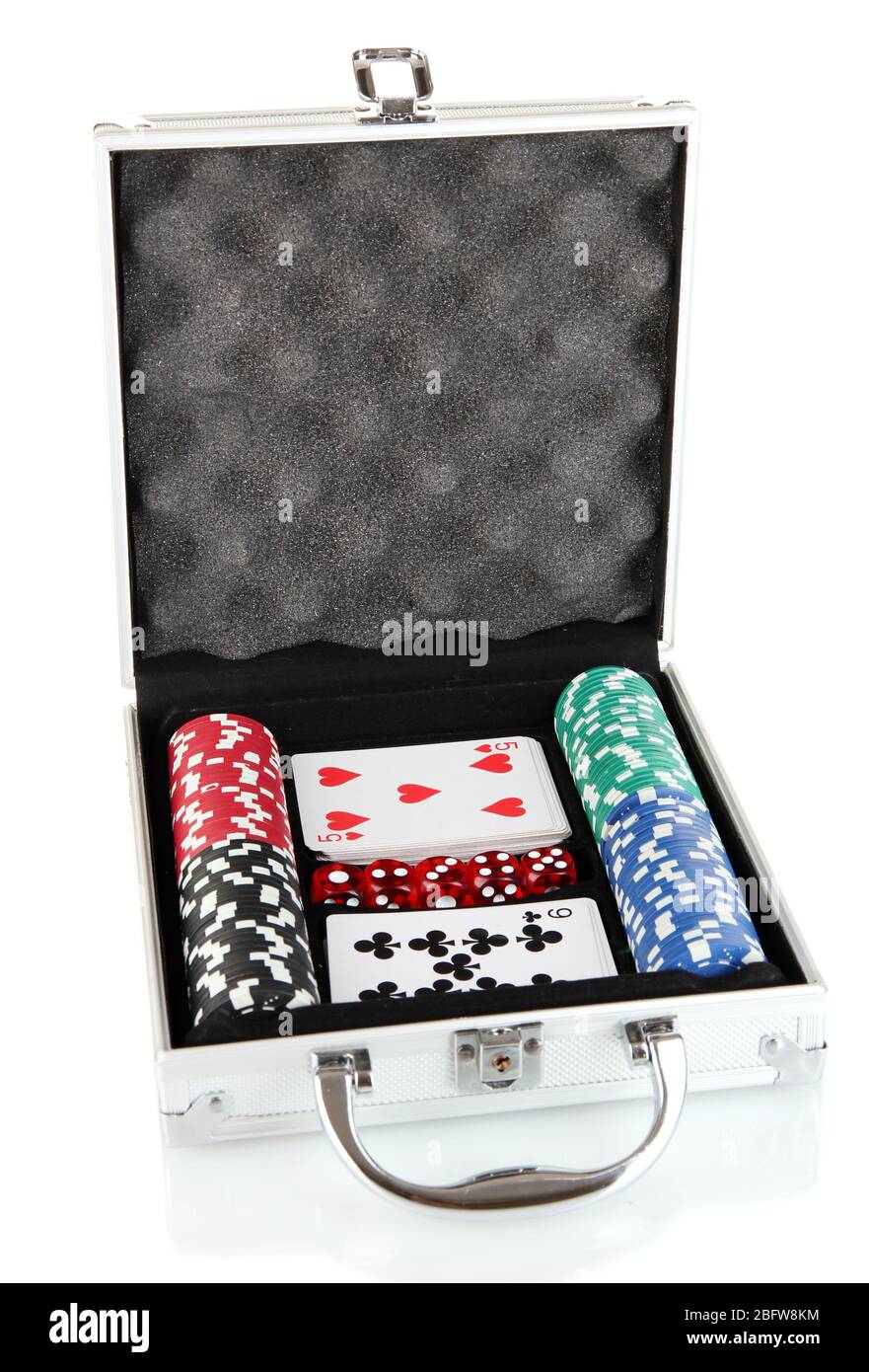 Poker set in metallic case isolated on white background Stock Photo - Alamy