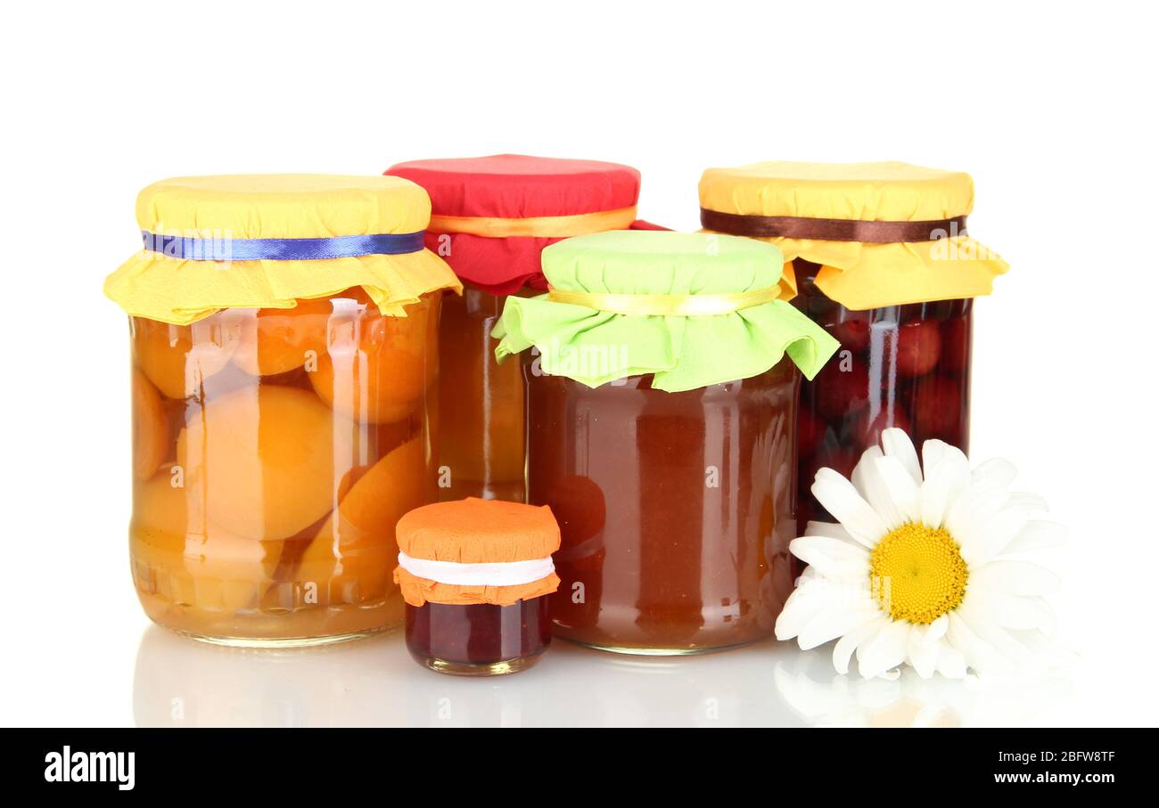 Jars with canned fruit isolated on white Stock Photo - Alamy