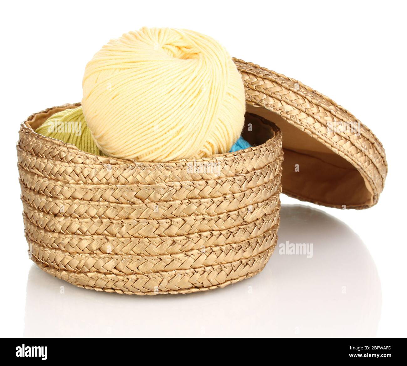 Knitting yarn in basket isolated on white Stock Photo - Alamy