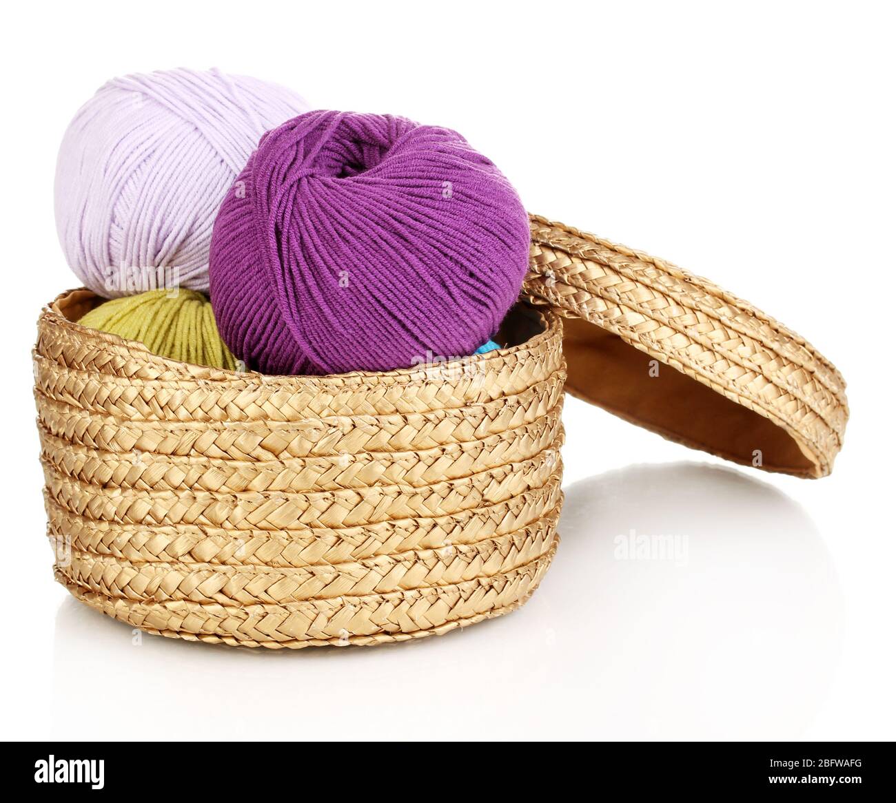 Knitting yarn in basket isolated on white Stock Photo - Alamy