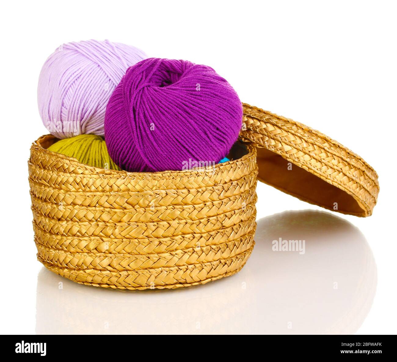 Knitting yarn in basket isolated on white Stock Photo - Alamy