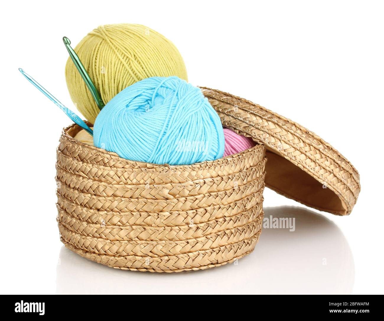 Knitting yarn in basket isolated on white Stock Photo - Alamy