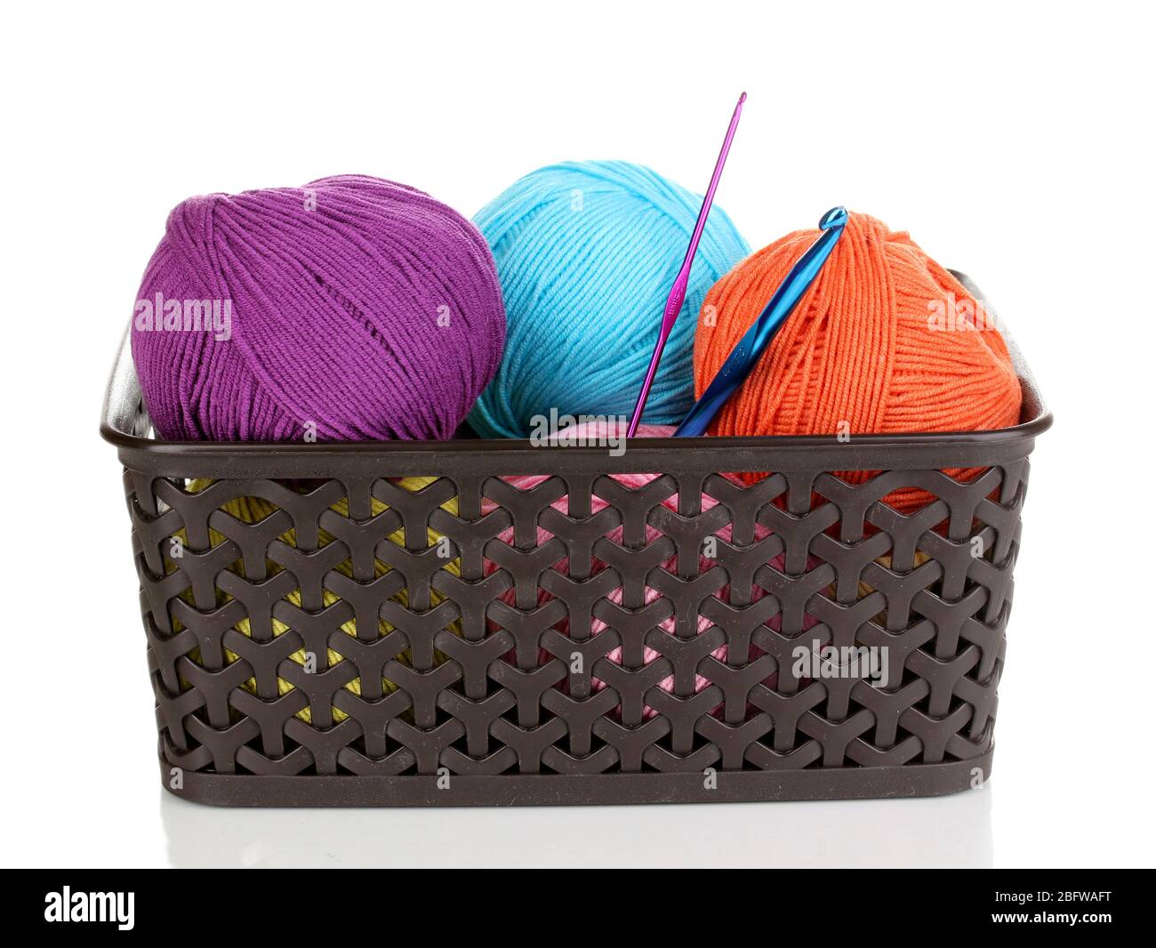 Knitting yarn in plastic basket isolated on white Stock Photo - Alamy