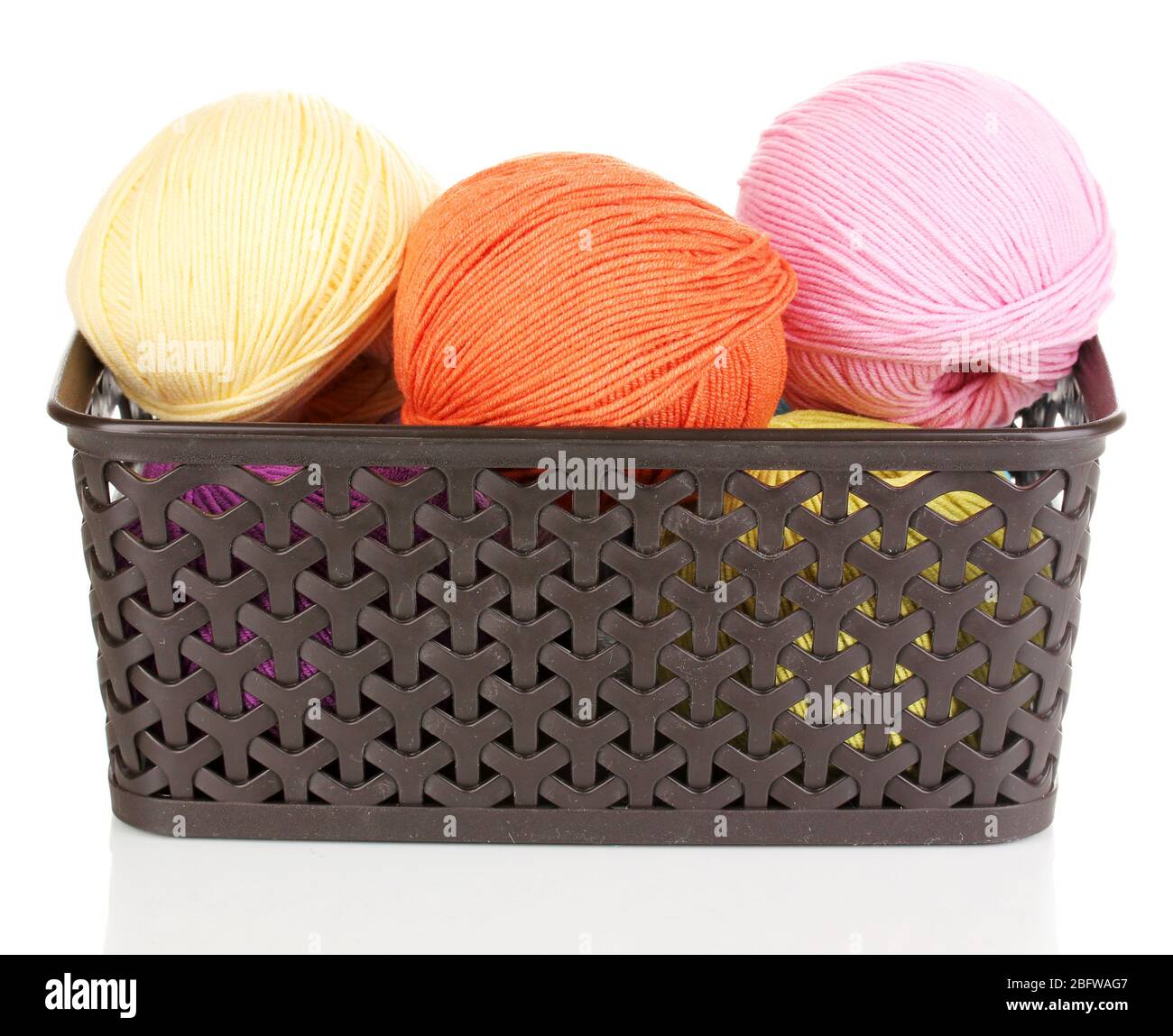 Knitting yarn in plastic basket isolated on white Stock Photo - Alamy